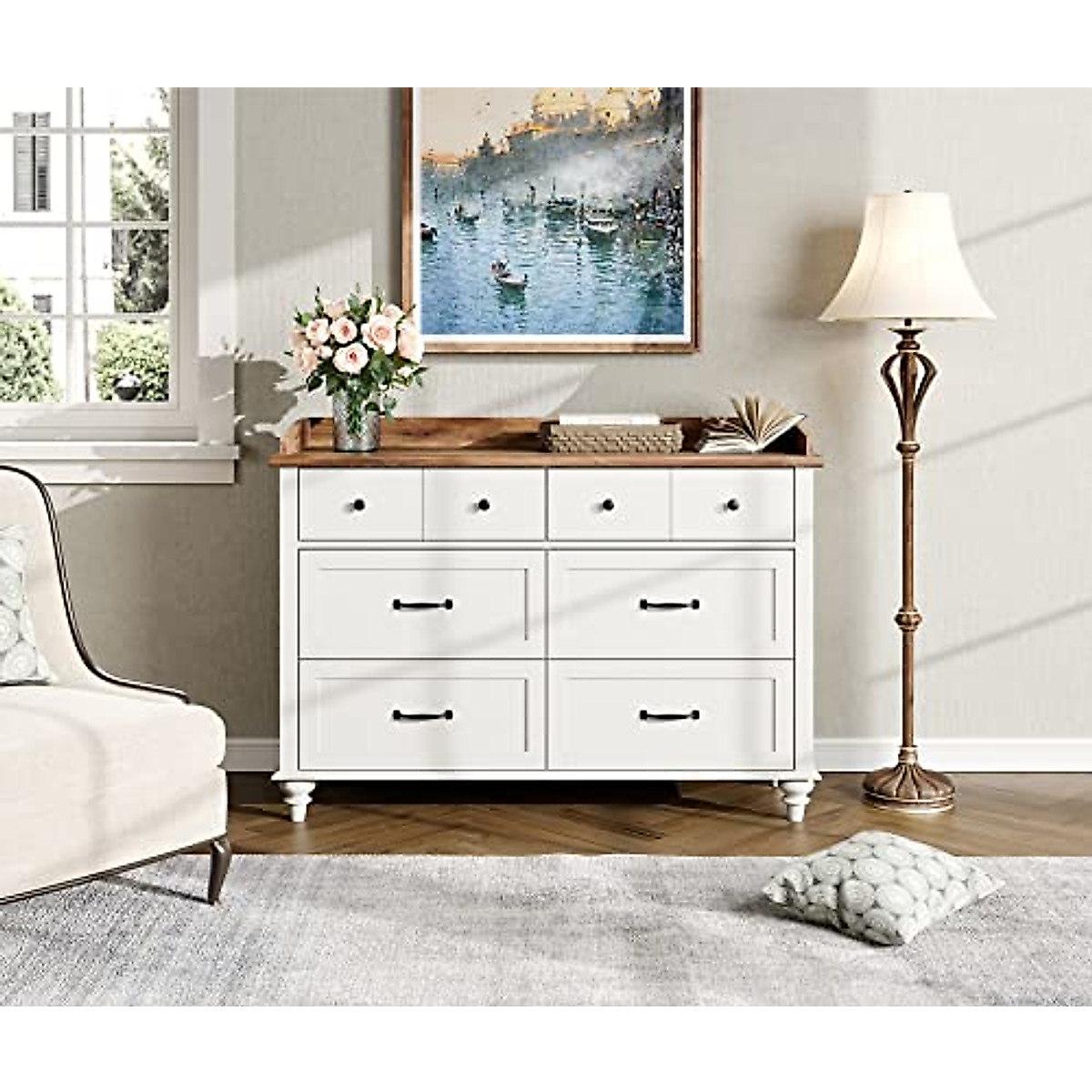 WAMPAT Dresser for Bedroom with 6 Drawers, White Kids Dressers with Wide Chest of Drawers, Mid Century Modern Wooden Closet Storage Organizer for Living Room, Nursery, Hallway