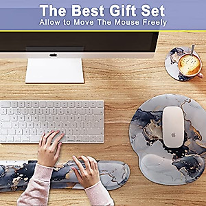 Keyboard Wrist Rest and Mouse Pad Wrist Support, Ergonomic Gel Memory Foam Keyboard Set with Non-Slip Rubber Base for Gaming and Office Easy Typing and Pain Relief, Gold Ink Marble