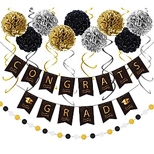 2022 Graduation Decorations, Graduation Decor Black and Gold, Graduation Banner, Hanging Swirls, Paper Pom Poms Flowers, Photo Backdrop, Graduation Party Supplies 2022