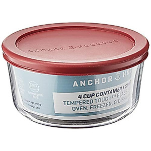 Anchor Hocking 8-Piece 4-Cup Round Clear glass Food Storage Containers with Red Plastic Lid, Set of 4 -