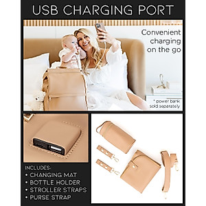 MIA + SOPHIA Leather Diaper Bag Backpack with USB Charging Port, Changing Pad, Stroller Straps, Bottle Holder (Brown Sophia)