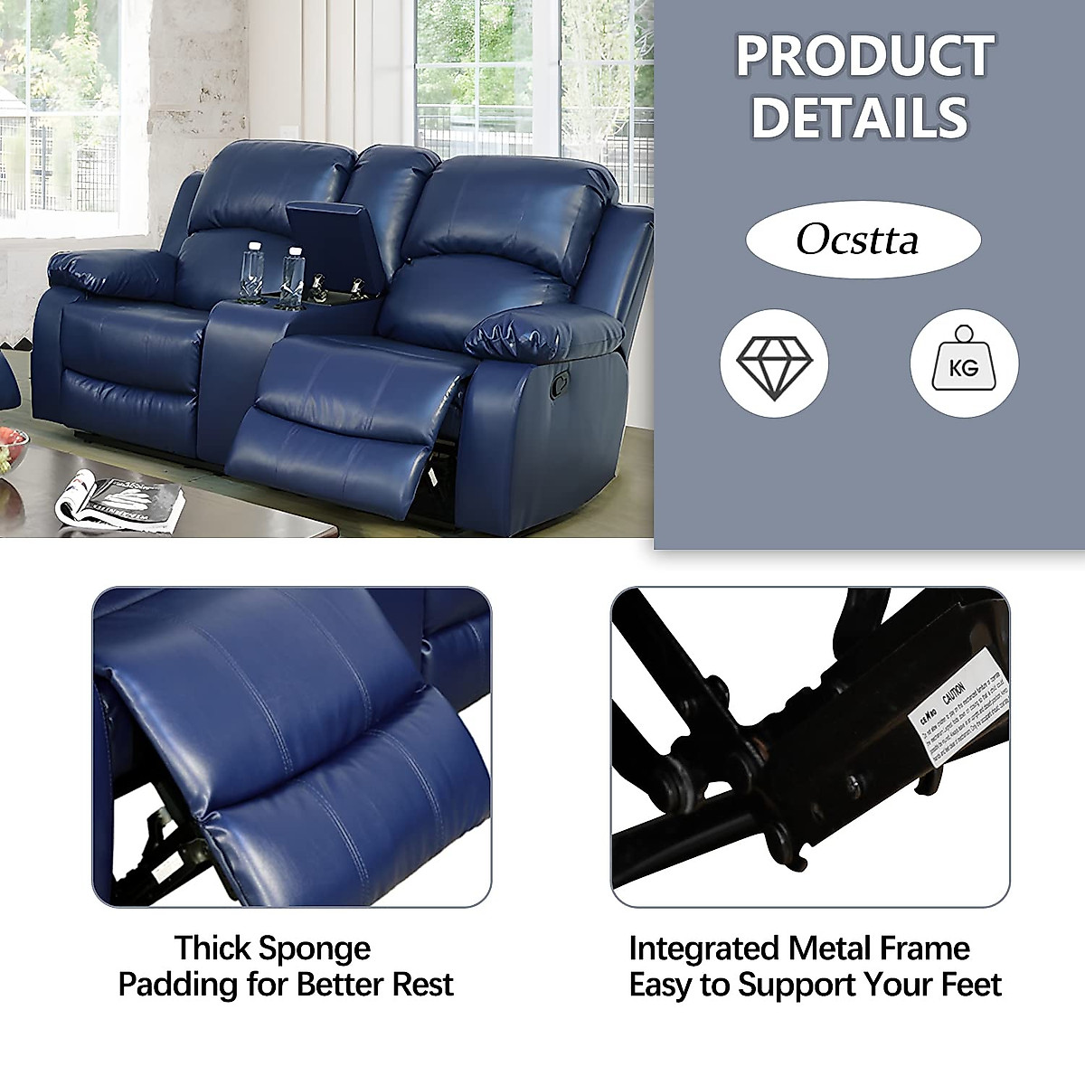 Ocstta Manual Leather Recliner Sofa Set for Living Room Furniture Set,Leather Recliner Couch Set for Home/Office,Leather Couch Set for 3-Pieces(Sofa+Loveseat+Chair) Blue