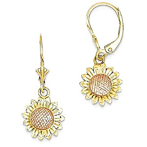 14K Two Tone Gold Sunflower Daisy Flowers Drop Dangle Earrings Sunshine Summer Jewelry