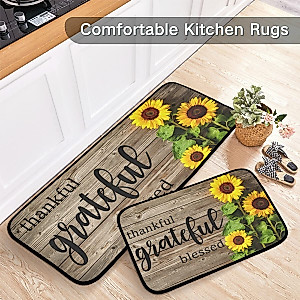 DOMIKING Fall Sunflowers Wooden Kitchen Rugs Non-Slip Kitchen Mat for Floor Farmhouse Kitchen Decor Accessories 2 PCS Anti Fatigue Rug Standing Mat Doormats