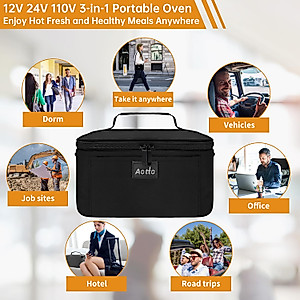 Aotto Portable Oven | 12V, 24V, 110V Car Food Warmer | Portable Mini Oven | Personal Microwave | Heated Lunch Box for Cooking and Reheating Food in Car, Truck, Travel, Camping, Work, Home