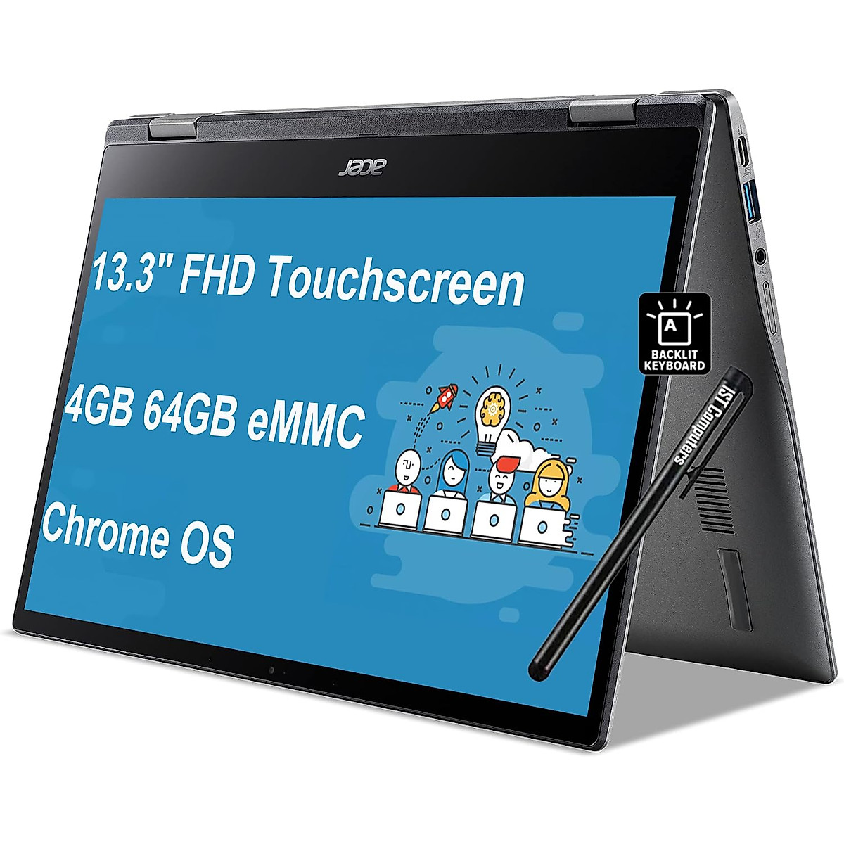 acer Chromebook Spin 513 2-in-1 Laptop (13.3" FHD Touchscreen, 8-Core Qualcomm CPU, 4GB RAM, 64GB eMMC), Home & Student, Webcam, Backlit KB, Long Battery Life, IST Stylus, Chrome OS, Steel Gray