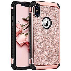 BENTOBEN iPhone X/10 Case, iPhone Xs (2018) Shockproof Glitter Sparkle Bling Girl Women 2 in 1 Shiny Faux Leather Hard PC Soft Bumper Protective Phone Cover for Apple iPhone X/XS 5.8", Rose Gold/Pink