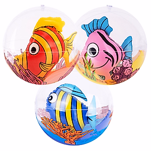 ArtCreativity 3D Fish Beach Balls for Kids, Set of 3, Clear Balls with Colorful Fish Inside, Inflatable Swimming Pool Toys and Aquatic Party Decorations, Underwater Party Supplies and Favors