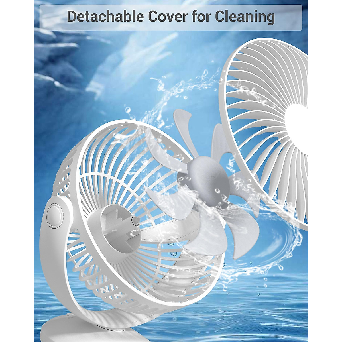 Portable Clip on Fan, Oscillating ＆ 120° Rotate Battery Operated Stroller Fan, 4 Speed Quiet Mini Personal Desk Fan, USB Rechargeable Fan for Outdoor Camping Golf Cart Stroller Home Office White