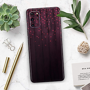 DesignSkinz Falling Micro Hearts Over Burgundy Planks of Wood 2 Protective Vinyl Decal Wrap Skin Cover Compatible with The Samsung Galaxy S20 (Screen Trim & Back Glass Skin)