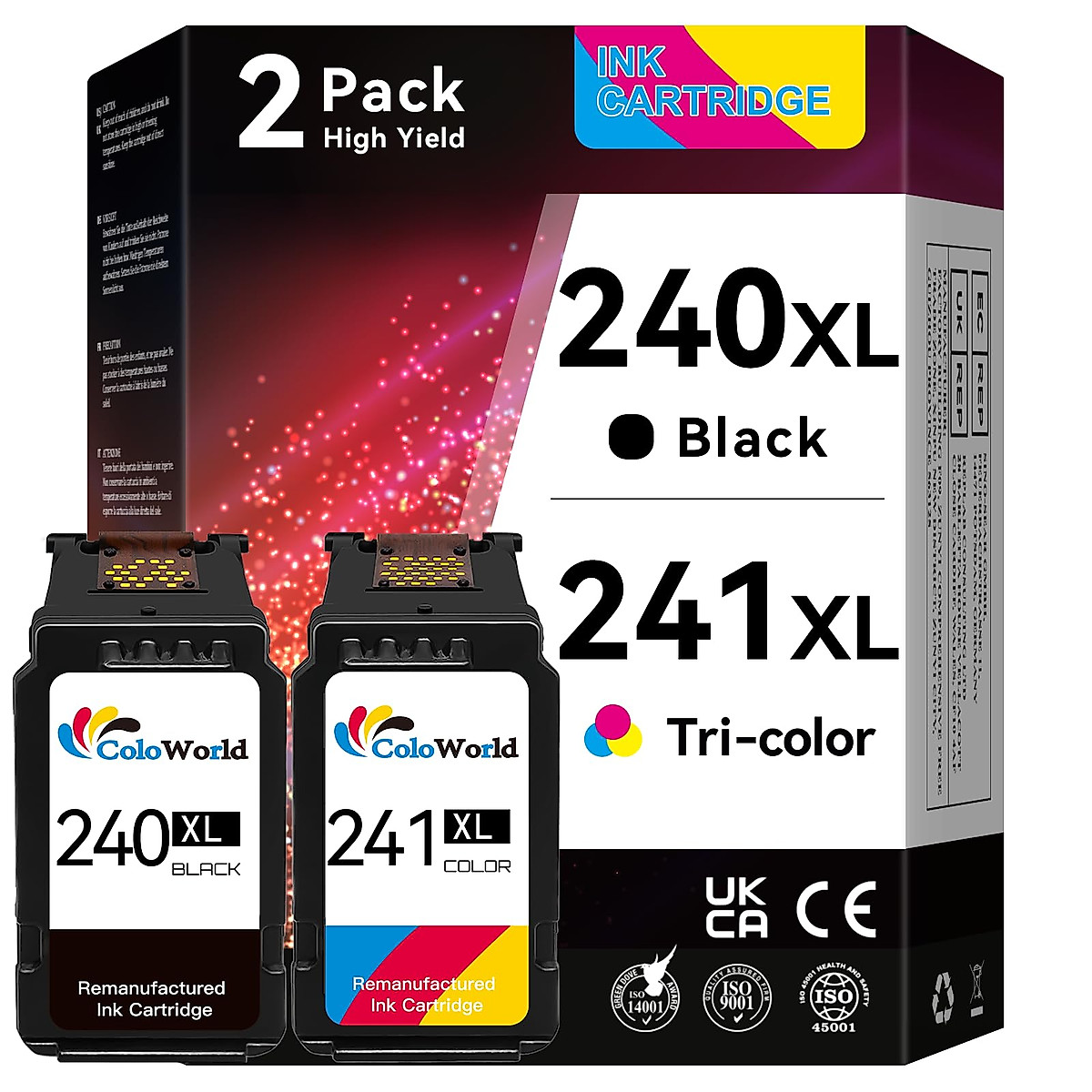 ColoWorld Remanufactured Ink Cartridge Replacement for Canon PG-240XL CL-241XL for Pixma MG3620 MG3600 MX452 MG2120 MG3520 MX472 MG3220 MX432 MG2220 MX512 MG3122 MG3222 Printer (1 Black, 1 Color)