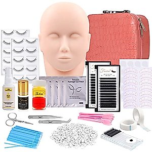 Eyelash Extension Kits, 17Pcs Professional Eyelash Grafting Training Tools Lashes Extension Practice Exercise Set with Mannequin Head Makeup Bag Glue Tweezers for Practice Eye Lashes Graft (17PCS)