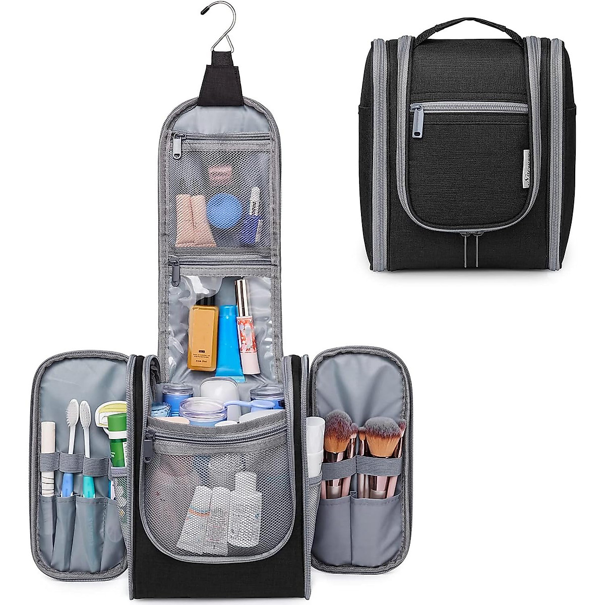 Narwey Small Hanging Travel Toiletry Bag Cosmetic Make up Organizer for Women and Men (Medium, Black)