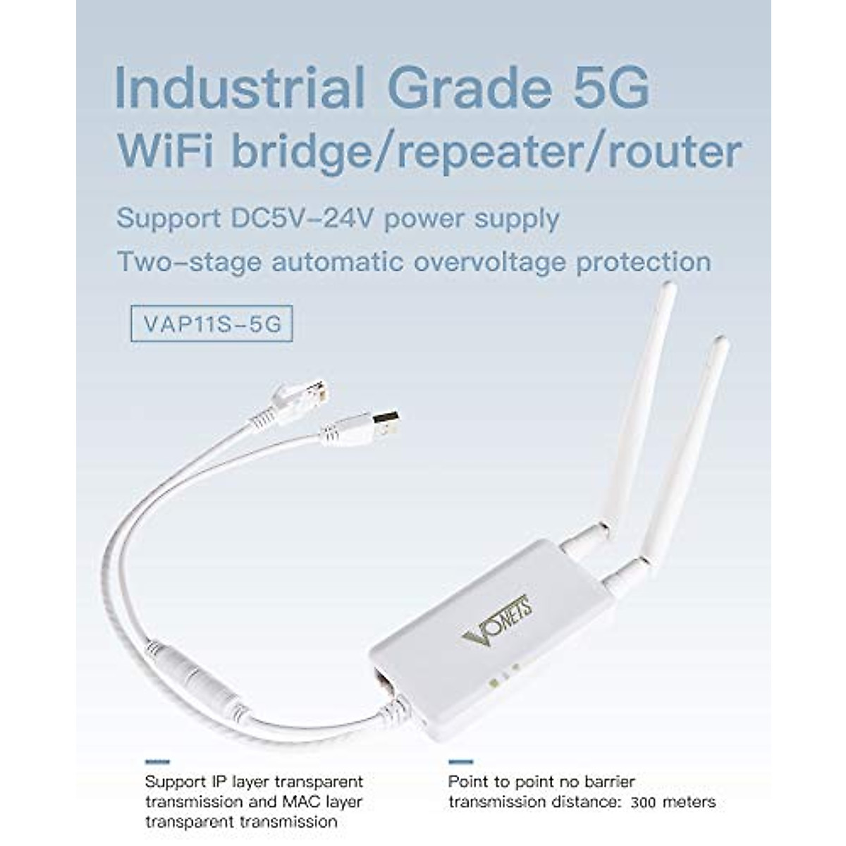 VONETS Industrial Mini 5GHz WiFi Bridge/Router WiFi to Ethernet Adapter 802.11a/n/ac(900Mbps) 2 RJ45 Ports/Antennas USB/DC Powered (DC5V-24V) for DVR Monitoring PLC Medical Device VAP11S-5G