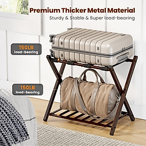 Folding Luggage Rack for Guest Room, Foldable Luggage Suitcase Stand with Unique Magnetic Locking ＆ Steel Shelf, Per Tier Hold up to 150 lb, Luggage Holders for Guest Room Bedroom Hotel, Brown, 1 Pack