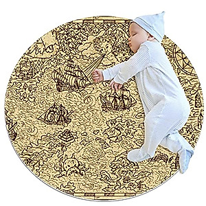 3ft Round Small Area Rug Nautical Map Sailboat Bathroom Rugs Soft Non-Slip Floor Carpet Bedroom Living Room Decorative Machine Washable