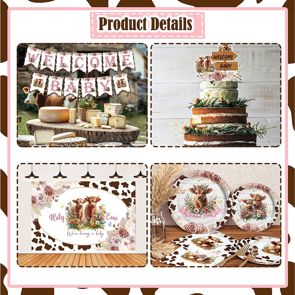 Hombae Highland Cow Baby Shower Decorations, Baby Shower Decorations for Girls, Holy Cow Baby Shower Supplies, Highland Cow Theme Backdrop Balloon Banner Tablecloth Cake Topper Plates Napkins Forks