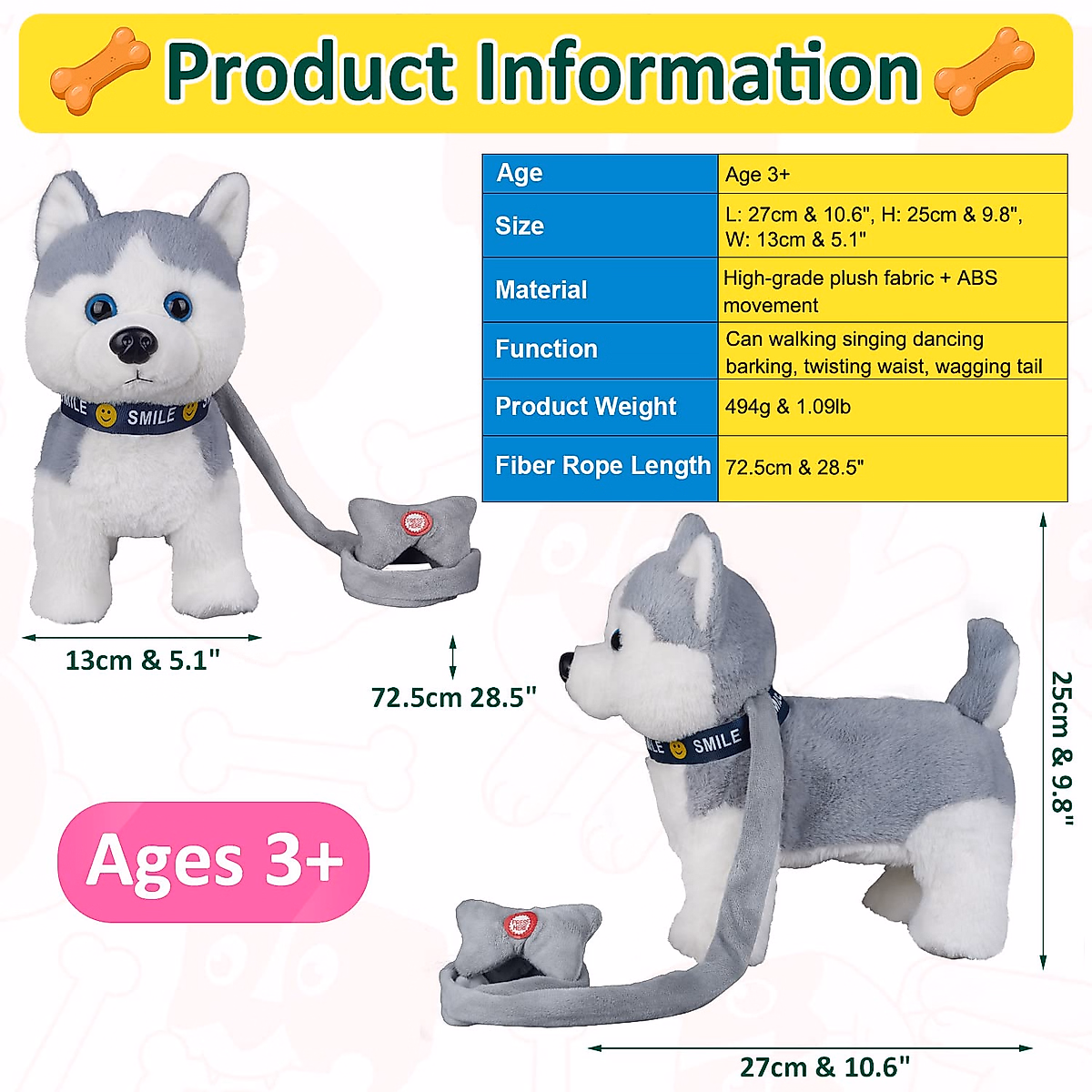 Husky Walking and Barking Puppy Dog Toy with Control Leash,Realistic Wagging Tail Robot Interactive Musical Dancing Animated Plush Stuffed Animal Electronic Pet for Kids Toddlers