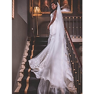 Unsutuo Bride Wedding Veil 1 Tier Cathedral Veil Bridal Tulle Veil with Comb Drop Veil for Women and Girls (59"W-212"L,White)