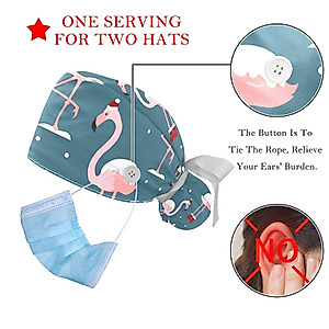 Adjustable Scrub Bouffant Caps, 2 Packs Christmas Flamingo Working Hat Hair Cover with Ponytail Pouch, Soft Surgical Nurse Cap