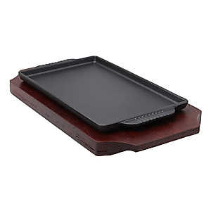 Ebros Personal Size Cast Iron Sizzling Fajita Pan Skillet Japanese Steak Plate With Wood Underliner Base Restaurant Home Kitchen Cooking Supply (Rectangular 9.25"L X 5.25"Wide)