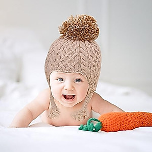 Baby Winter Beanies Cold Weather Hats Knitted Wool Pompom Hat Ear Flap Fleece Lined Beanie Hat for Newborn Baby 0-24M