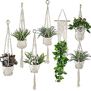 Whonline 6 Packs Macrame Plant Hanger, Plant Hangers Indoor Flower Pot Holder Handmade Cotton White Hanging Planter Basket for Plants Wall Window Outdoor Bedroom Boho Home Decor (6 Sizes)
