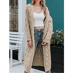 ZIWOCH Women's Long Cardigan Coats Cable Knit Casual Open Front Long Sleeve Loose Sweater with Pockets Beige