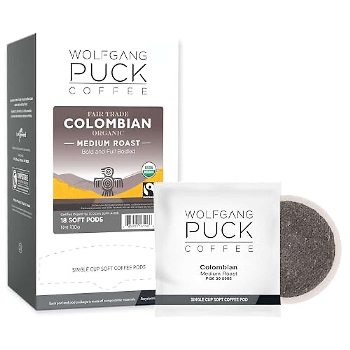 Wolfgang Puck Coffee, Colombian Organic Fair Trade, 9.5 Gram Soft Pod, 18 Count (Pack of 6)