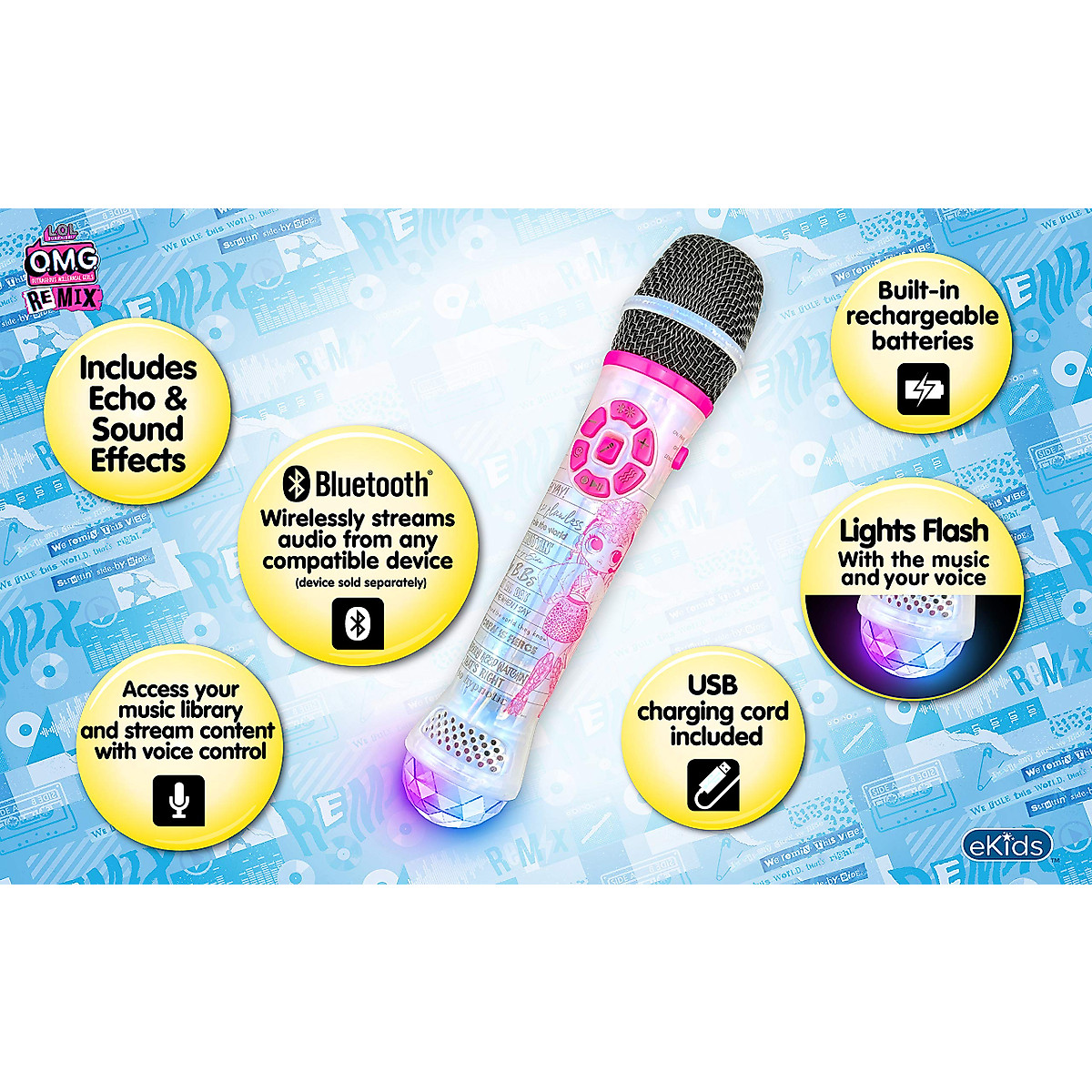 LOL Surprise Remix OMG Bluetooth Karaoke Microphone with LED Disco Party Lights, Portable Bluetooth Speaker Compatible with Apple Samsung Siri and Google Assistant, Karaoke Machine for Kids