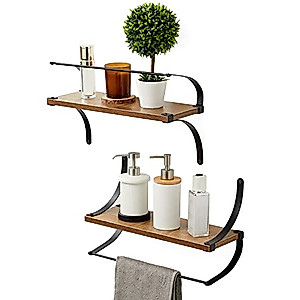 AMADA HOMEFURNISHING Floating Shelves Wall Mounted, Wall Shelves for Bathroom, Bedroom, Kitchen, Living Room, Bathroom Shelf with Towel Bar, Set of 2, Rustic Brown - AMFS20N