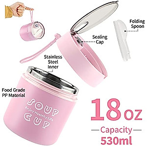 Reastar Insulated Food Container, 18 Ounce Stainless Steel Kids Adult Thermos for Hot Food, Vacuum Insulated Food Jar with Folding Spoon, Leak Proof, Portable Hot Food Container Soup Thermos, Pink
