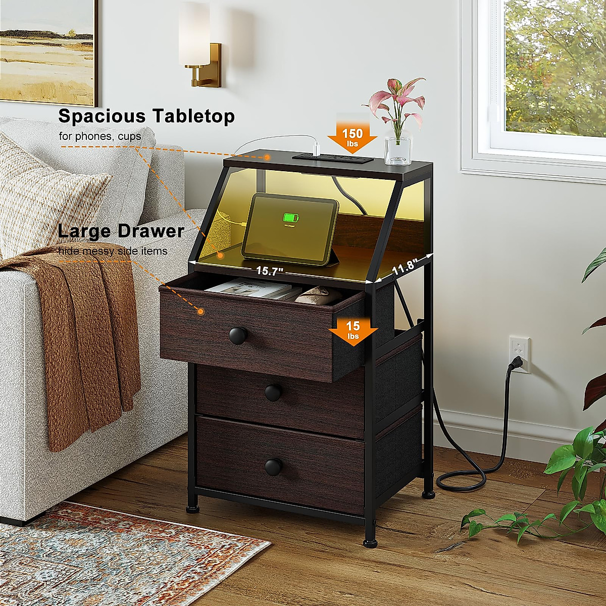 REAHOME Nightstand with Charging Station and Led Light, Tall Brown Bedside Table with 3 Fabric Drawers and 2-Tier Storage Shelves, Modern Night Stands with Wooden Top for Bedroom - Dark Brown