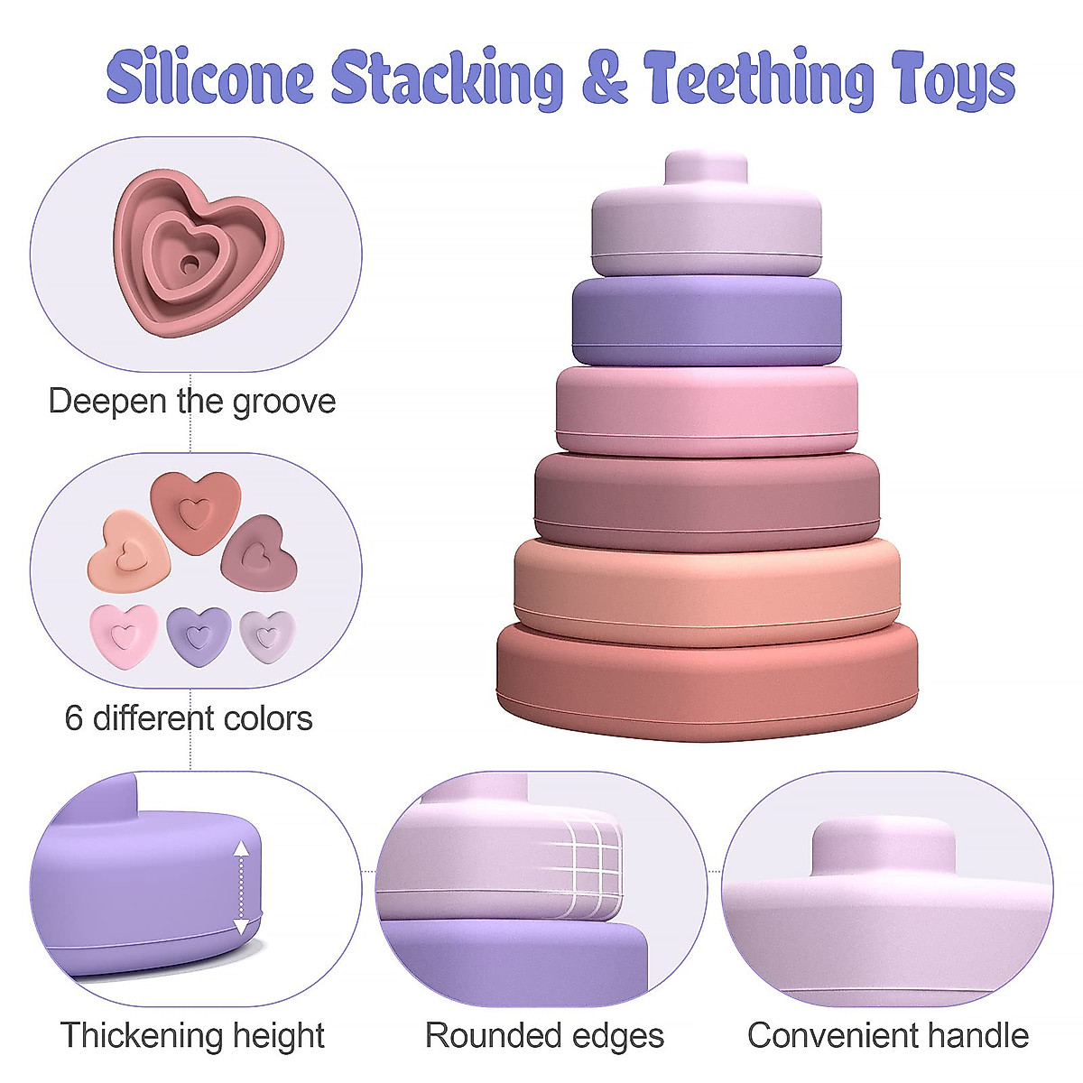 Baby Silicone Stacking & Nesting Toys, Christmas 6 pcs Heart Building Stacker Blocks Tower, Soft Chew Natural Teether Montessori Toys, 6+ Months Toddler Boys & Girls Early Education Learning