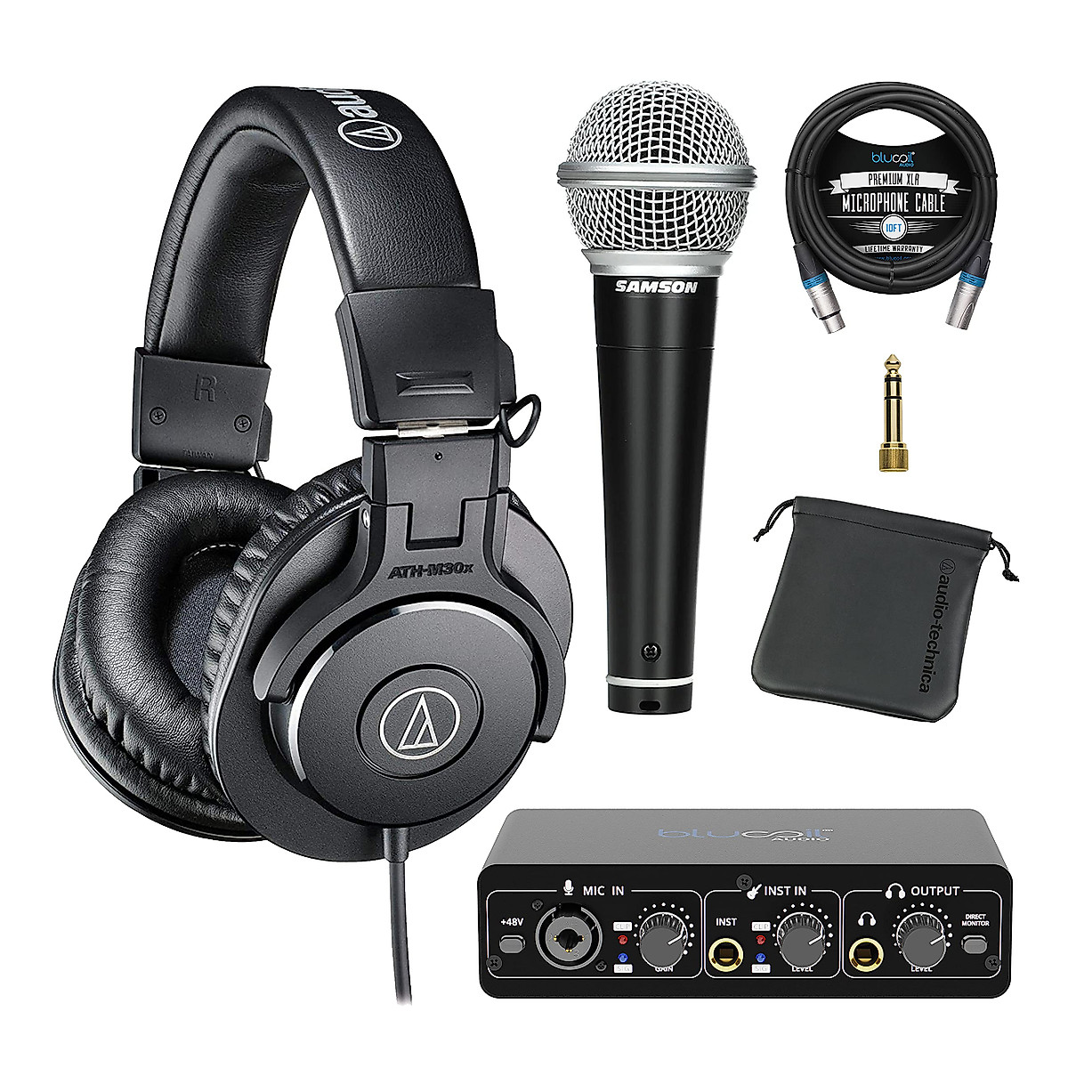 blucoil Audio Technica ATH-M30x Professional Studio Monitor Headphones (Black) Bundle Portable USB Audio Interface for Windows & Mac, 10' XLR Cable, and Samson R21S Dynamic Microphone