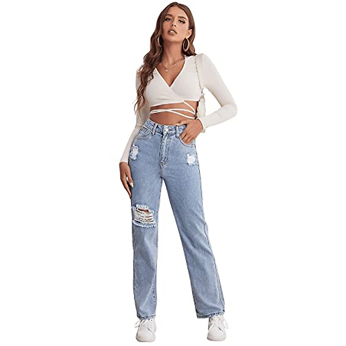 SweatyRocks Women's High Waist Straight Leg Jeans Ripped Distressed Denim Pants Light Blue S