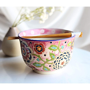 Ebros Mandala Floral Blooms With Pink Polkadot Art Splash Ramen Udon Noodles Large 6.25" Diameter Soup Bowl With Built In Rest and Bamboo Chopsticks Set for Rice Pasta Salad