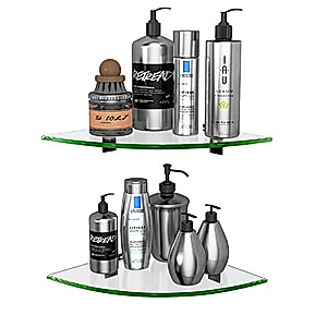 Bakzon 2-Pack Glass Corner Shower Shelves, Shower Wall Shelves for Inside Shower, Drill Free Shower Caddy Organizer with Aluminum Brackets for Bathroom