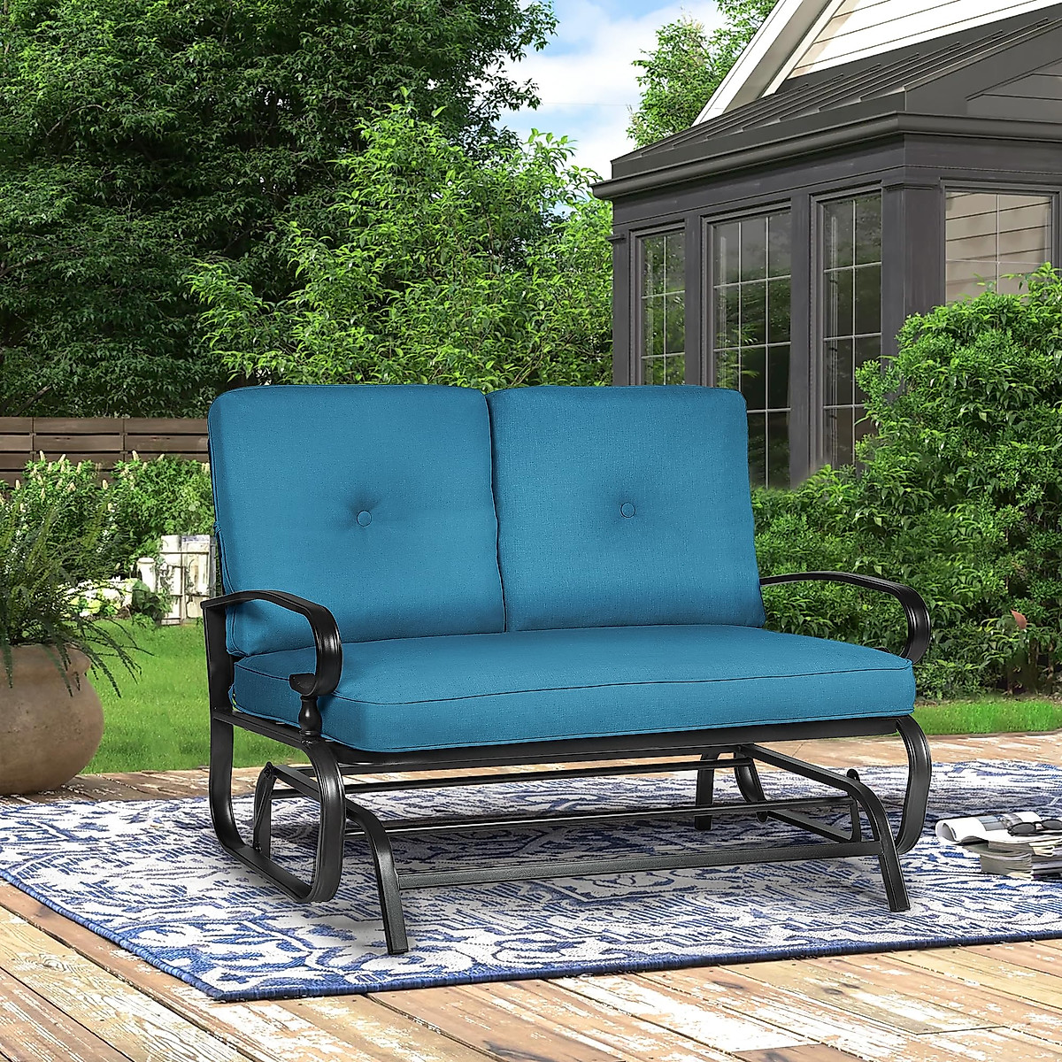Patiomore Outdoor Bench Patio Swing Glider Loveseat 2 Seats Rocking Chair, Wrought Iron Chair Set with Blue Cushion