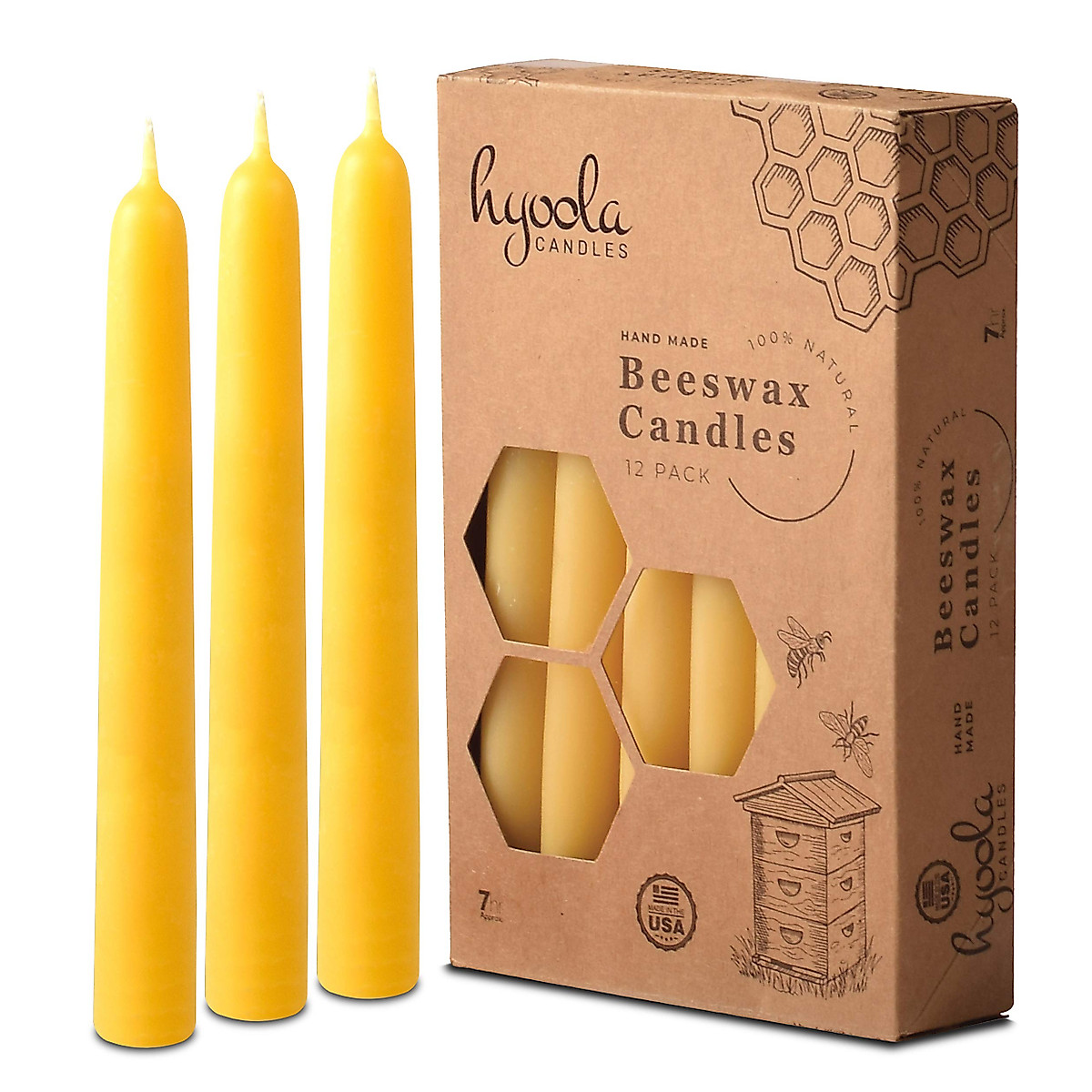 Hyoola 7 Inch Beeswax Taper Candles 12 Pack - Handmade, All Natural, 100% Pure Unscented Bee Wax Candle - Tall, Decorative, Golden Yellow - 7 Hour Burn Time