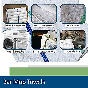28oz Bar Mop Towels 16x19, 100% Cotton, Commercial Grade Professional Kitchen/Restaurant BarMop Towels (Green Stripe-48 Pack)