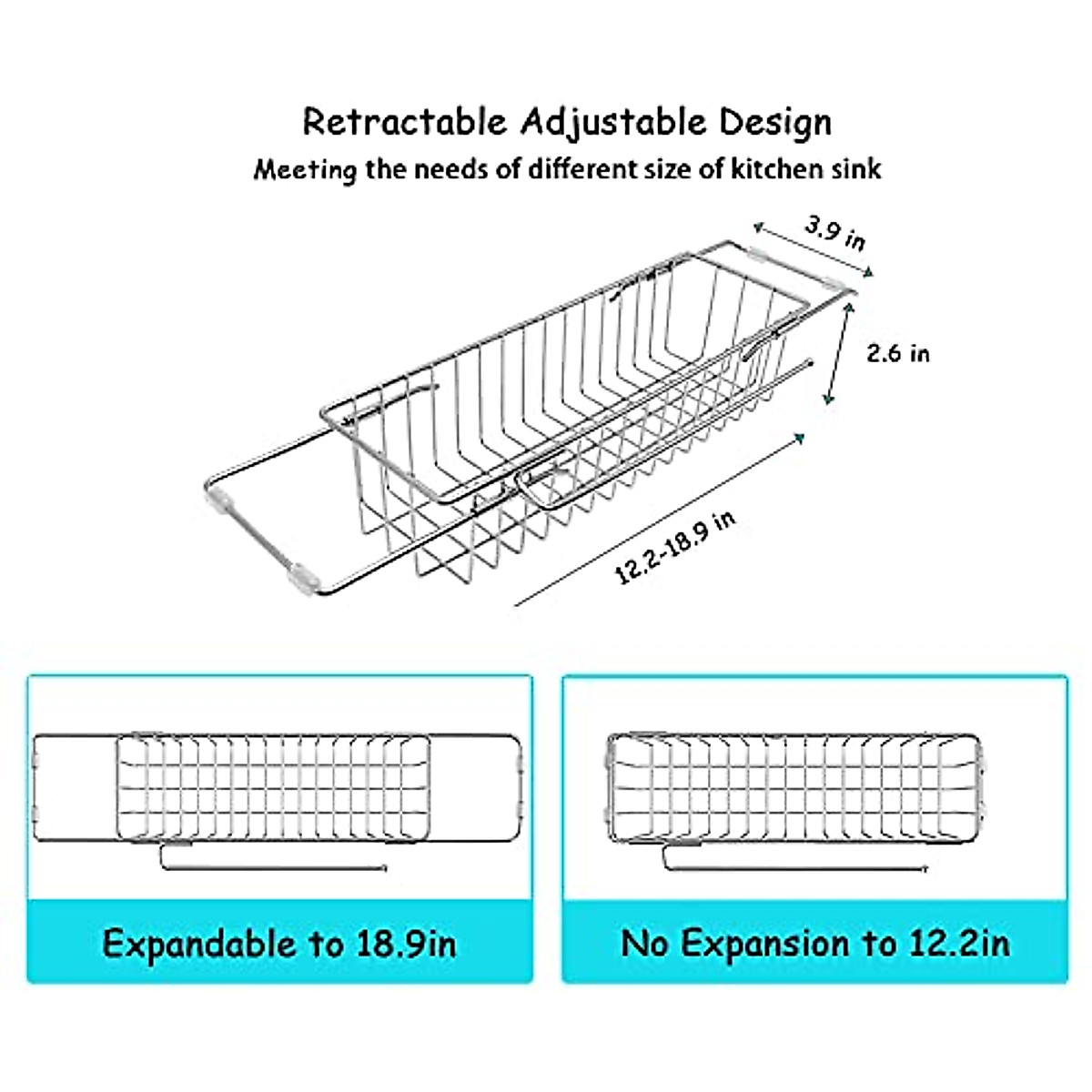 iBigLY Telescopic Kitchen Sink Caddy Sponge Holder, Expandable(12''-19'') Brush Soap Storage Rack with Dish Cloth Hanger, Stainless Stee Kitchen Sink Organizer, No Drilling