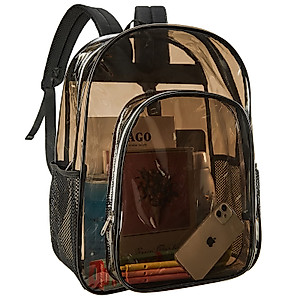 COVAX Heavy Duty Clear Backpack, Large Transparent Clear Bookbag, See Through Backpack for College, Work, Security Travel & Sports (Brown)