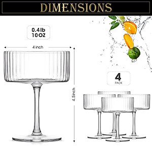 Ribbed Coupe Glasses Set of 4, Hand Blown 10 oz Vintage Cocktail Glasses, Vintage Art Deco Martini Glasses Set with Present Box for Espresso Martini, Champagne, Cosmopolitan, Manhattan, Cocktail Party