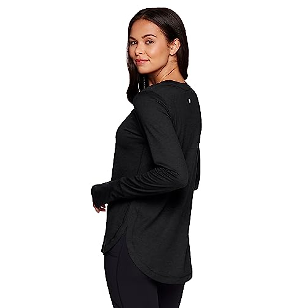 RBX Active Women's Long Sleeve Tunic Tee, Lightweight Crewneck Pullover T-Shirt, Super Soft Relaxed Fit Yoga Top F22 Black Heather M