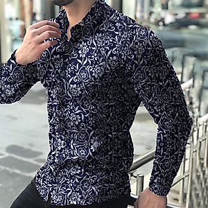 Men's Casual Hawaii Floral Printed Shirts Loose Long Sleeve Button Lapel T-Shirt Fashion Top Blouse