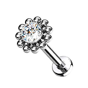 Pierced Owl 16-18G G23 Implant Grade Titanium Threadless Push-in CZ Crystal Center Flower with Beaded Edge Flat Back Lip Cartilage Ear Stud (Clear, 16GA)