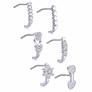 Akeoqi 6Pcs Nose Studs Nose Ring Inlaid Cubic Zirconia L Shaped Studs Lotus Star Heart Nose Nostril Piercing Jewelry for Women Men Sliver Tone 20G