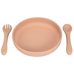 TOPGOMES Silicone Suction Plate, Comes with Soft Spoon Fork | Stay Put Baby Feeding Dishes for Kids and Infants | BPA Free, 100% Food-Grade Silicone, Non-Slip Design (Ether)