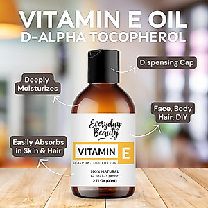 Pure Vitamin E Oil - D-Alpha Tocopherol 100% Pure & All Natural 2oz 42,500 IU per oz - Thick, Amber Color, Nutty Aroma - From Wheat Germ -Face Body Hair -DIY Cosmetics & After Surgery Scars